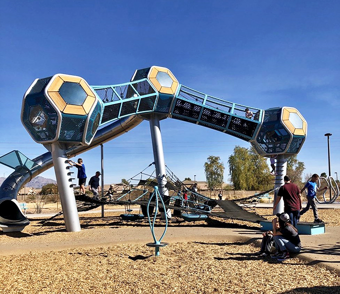 The elevated bridge connects play pods like a space station corridor, offering views and thrills that make ordinary playgrounds seem positively prehistoric.