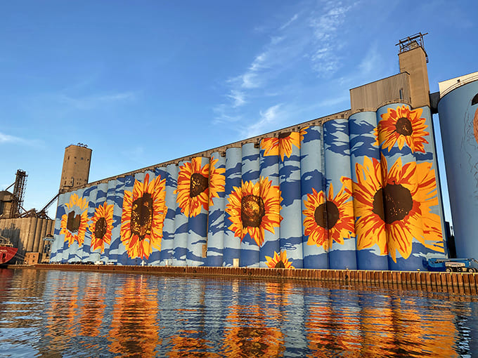 From this angle, the cylindrical silos show off their curves, proving that industrial architecture can absolutely serve as a stunning canvas.