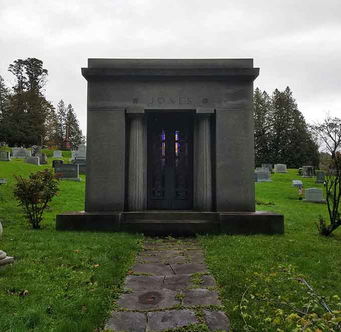 The Jones family clearly believed in making a statement, and this mausoleum delivers with the architectural confidence of a building that knows it's impressive.