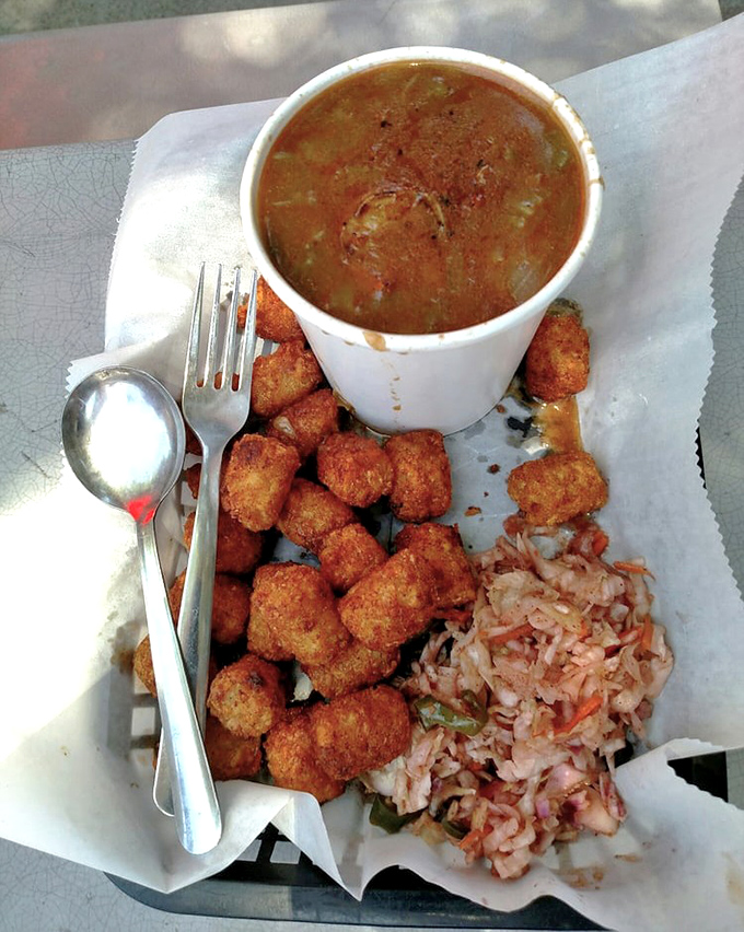 Talk about a perfect trio! Gumbo, tater tots, and coleslaw create the comfort food trifecta that might just make you weep with joy.