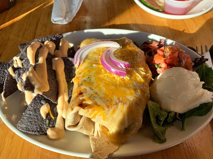 The vegetarian black bean burrito comes loaded with fresh ingredients and served alongside perfectly seasoned black beans and crisp tortilla chips.