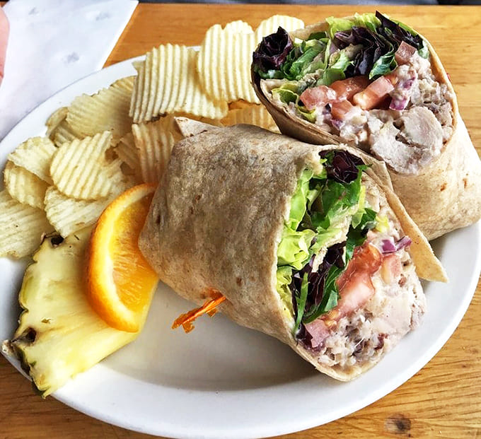 This chicken wrap comes loaded with enough ingredients to make you forget you're technically eating something healthy-ish with those chips.