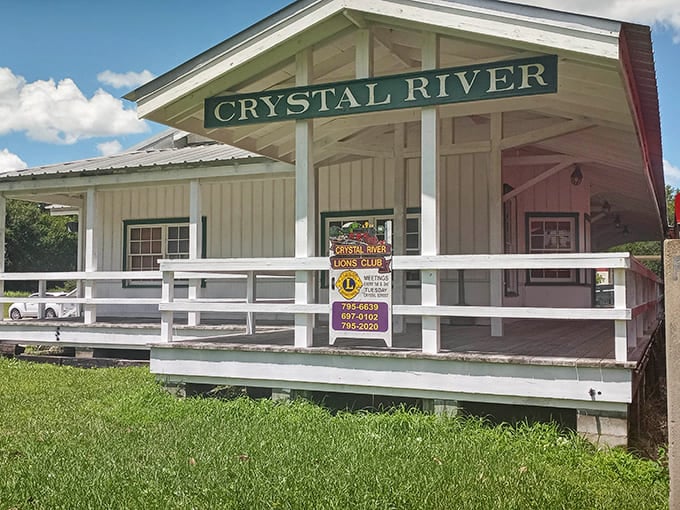 The Historic Crystal River Train Depot stands as a limestone testament to Old Florida, its weathered walls holding stories of bygone railroad days.