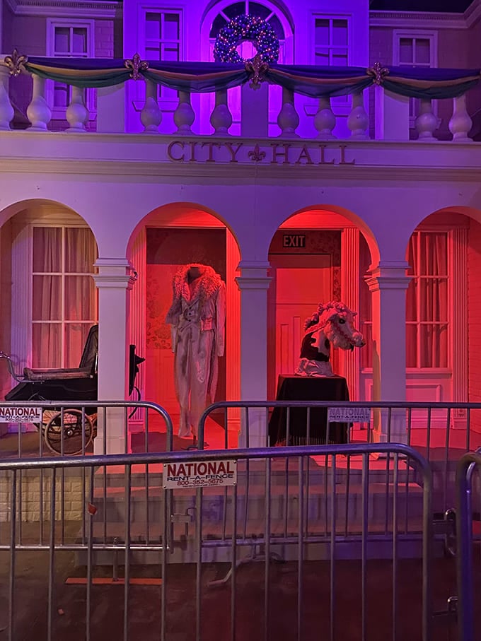 City Hall's illuminated archways glow with sinister red light, while creepy figures lurk in the doorways, waiting for unsuspecting visitors to approach.