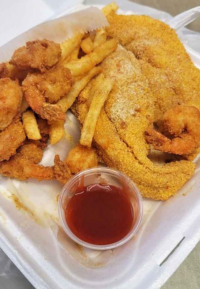A proper fish dinner with all the fixings, the kind of plate that makes you loosen your belt preemptively while your mouth waters in anticipation.