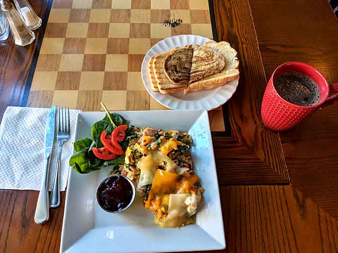 Eggs, toast, and a colorful salad walk into a breakfast plate, and everyone lives happily ever after.
