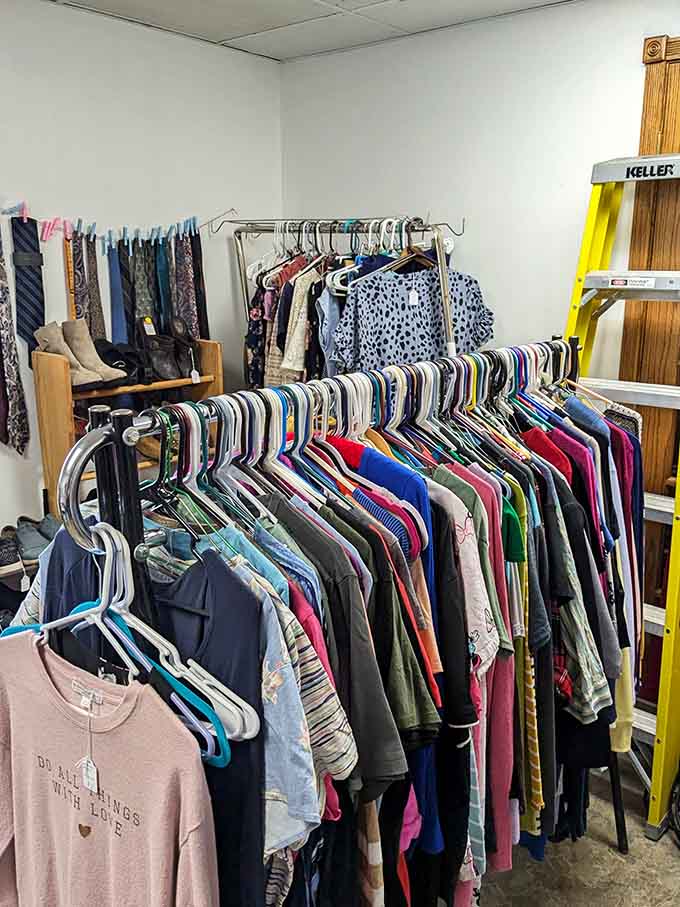 The clothing racks offer fashion from eras when people actually ironed things and wore hats that weren't just for baseball teams.