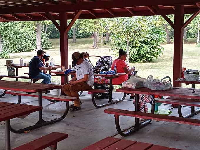 Nothing says quality family time quite like a covered picnic shelter where everyone can gather without arguing about who gets the shade.