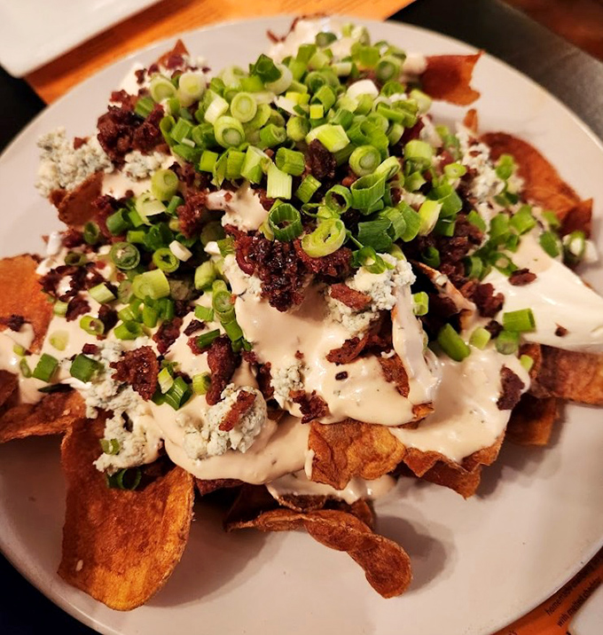 House-made chips transformed into an indulgent mountain of goodness with blue cheese, bacon, and scallions &ndash; appetizer or main event? You decide.