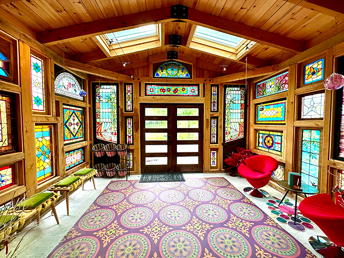 Stained glass heaven! Natural light filters through a kaleidoscope of handcrafted panels, turning this entryway into a cathedral of color and creativity.