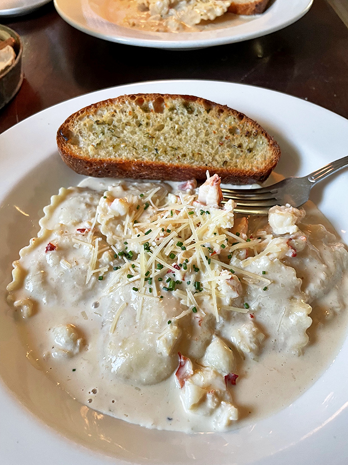 Lobster ravioli that makes you wonder why all pasta doesn't come stuffed with sweet Maine lobster meat. The garlic bread is non-negotiable.