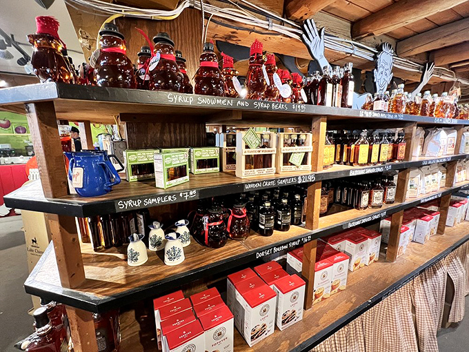 Liquid gold in various forms &ndash; Vermont maple syrup lines the shelves, offering sweet temptation that's impossible to resist.