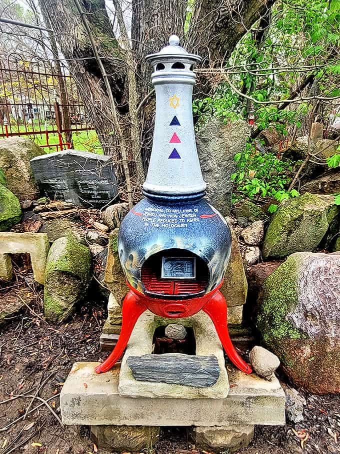 This colorful memorial chiminea honors Holocaust victims, its bright design contrasting with the solemnity of its purpose &ndash; remembrance amid beauty.