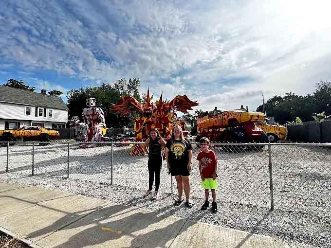 Visitors stand dwarfed by metal behemoths that transform an ordinary Cleveland lot into an extraordinary outdoor gallery of mechanical imagination.