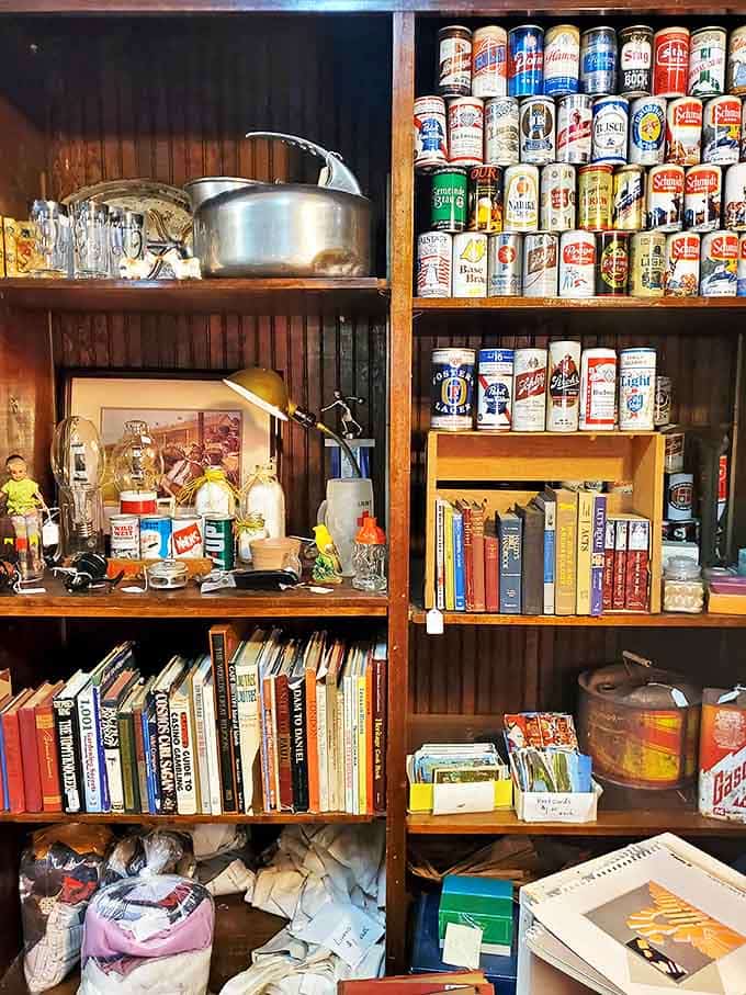 Shelves filled with vintage collectibles tell stories from a time when everyday items were made to last.