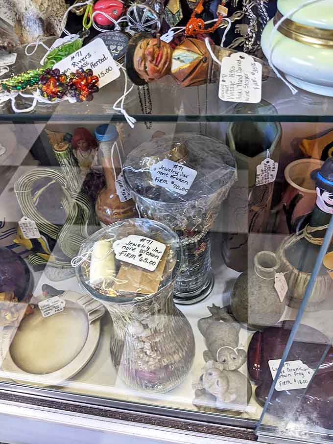 Glass cases filled with vintage treasures create a museum-like experience where everything is actually for sale, which is dangerous for your wallet.