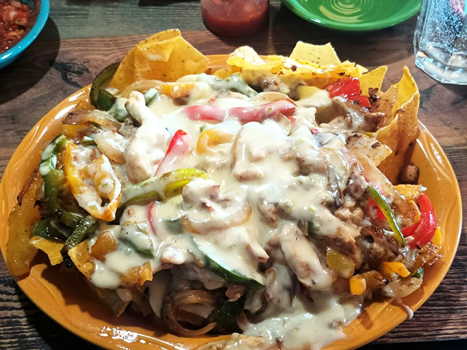 A mountain of melted cheese cascades over crispy tortilla chips, creating an avalanche of Mexican-inspired comfort food.