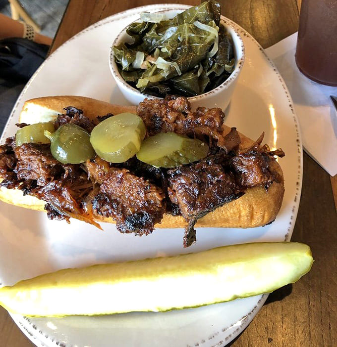 That brisket sandwich with pickles is basically a love letter between two pieces of bread.