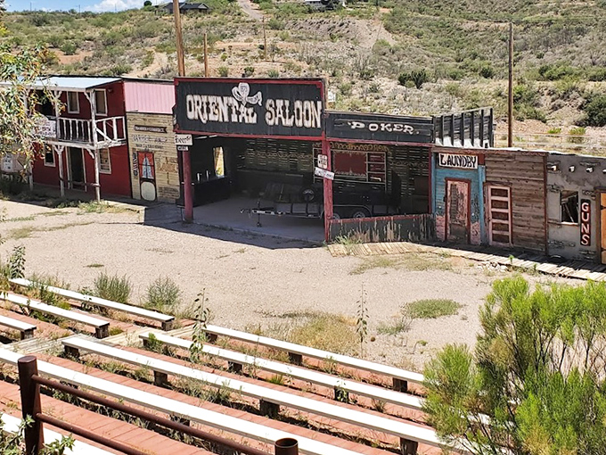 The Oriental Saloon beckons thirsty travelers with promises of cold drinks and hot gossip &ndash; just watch for flying chairs during poker disputes.