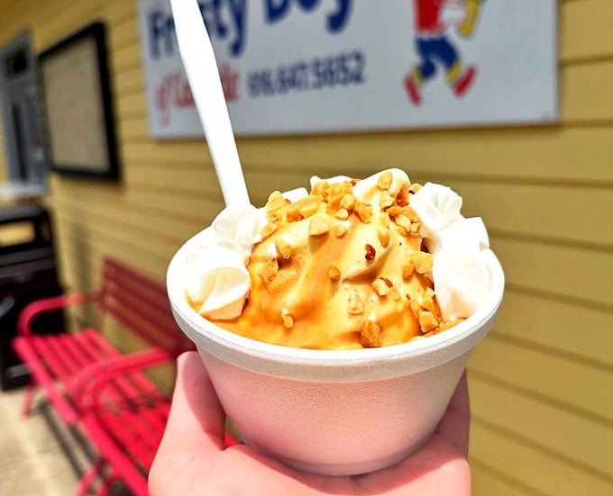 Peanut butter paradise: Creamy vanilla soft serve drizzled with peanut butter sauce and topped with crunchy nuts &ndash; a textural symphony.