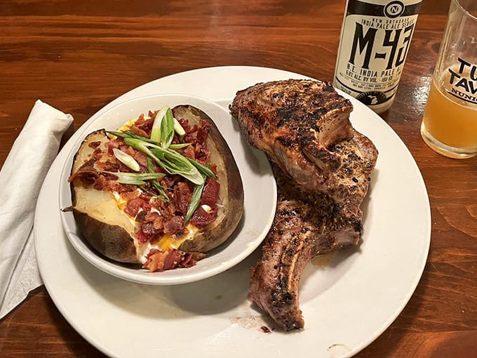 Those pork chops with a loaded baked potato are what Midwestern dreams are made of, bone-in and beautiful.