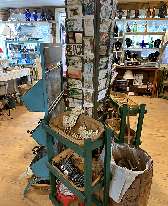 A rotating display of vintage postcards offers glimpses into Maine's past, each faded message a tiny time capsule of someone's vacation memories.