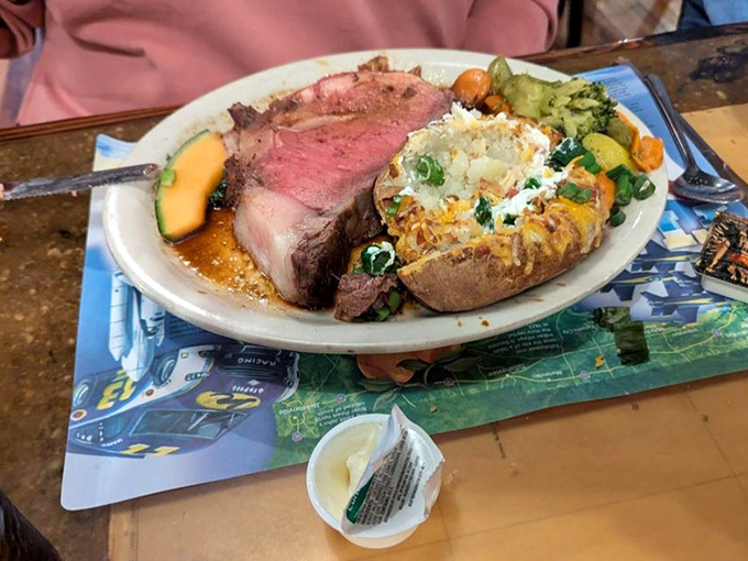 Carnivore poetry on a plate &ndash; this perfectly pink prime rib with a loaded baked potato could make even seafood lovers reconsider their life choices.
