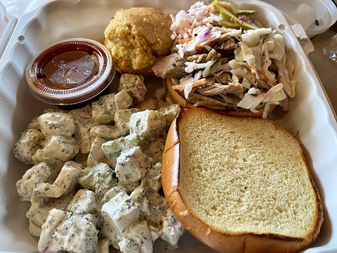 Comfort food done right &ndash; pulled pork, potato salad, and all the fixings that transform a simple lunch into a memorable Vermont meal.