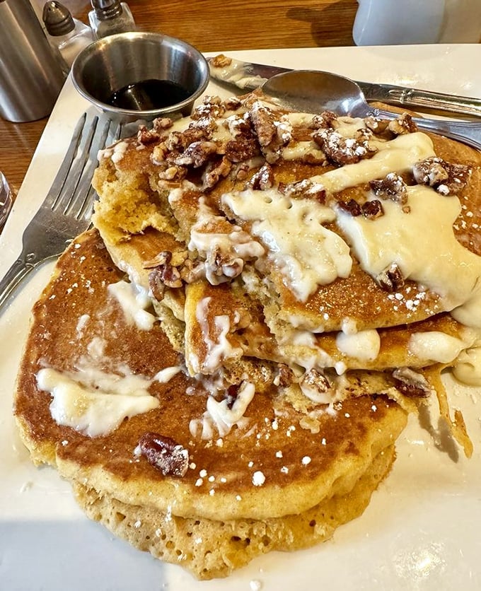 Pancake perfection with a sweet drizzle that cascades down like a waterfall of pure happiness.