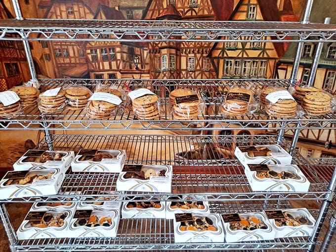 These shelves hold more baked goods than most people see in a month, all fresh, all tempting, all dangerous to your willpower.