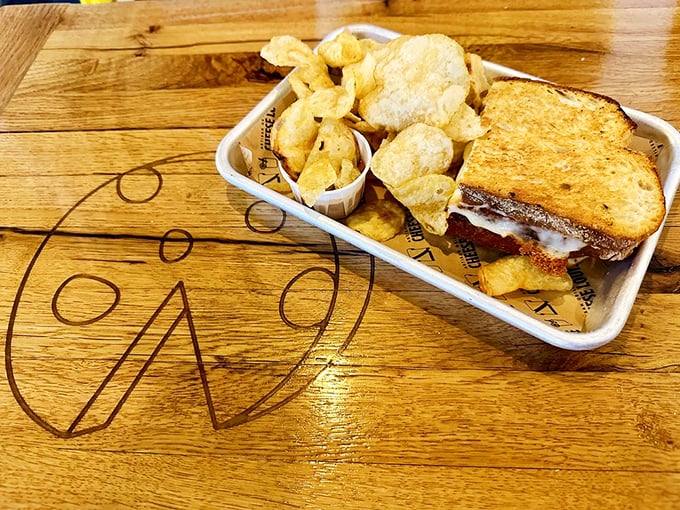 Grilled cheese perfection meets crispy chip bliss. It's like a hug for your taste buds, with a side of crunchy high-fives.