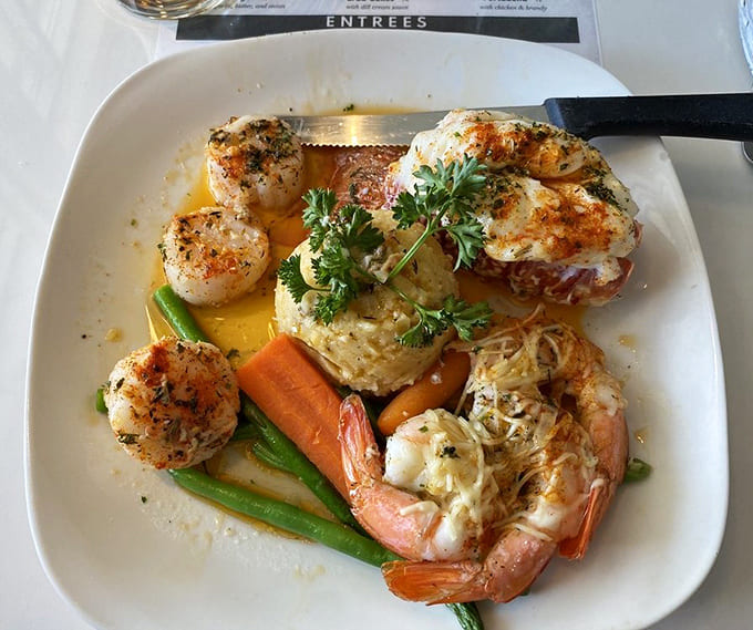 The seafood mixed grill arrives like an ocean's greatest hits collection, each element perfectly prepared and ready for its close-up.