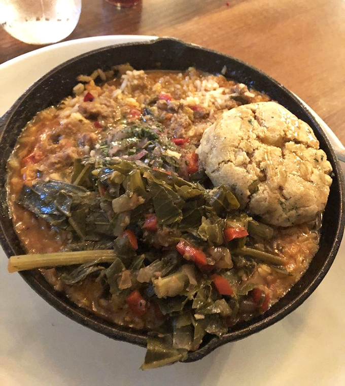 Shrimp and Sausage Pilau: Southern comfort reimagined – plump shrimp and local sausage playing nicely with aromatic rice and collards.