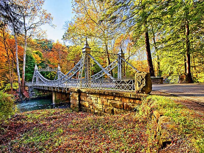 Autumn transforms the Cinderella Bridge into a scene of breathtaking splendor, with fall foliage creating a fiery backdrop for the silver structure.