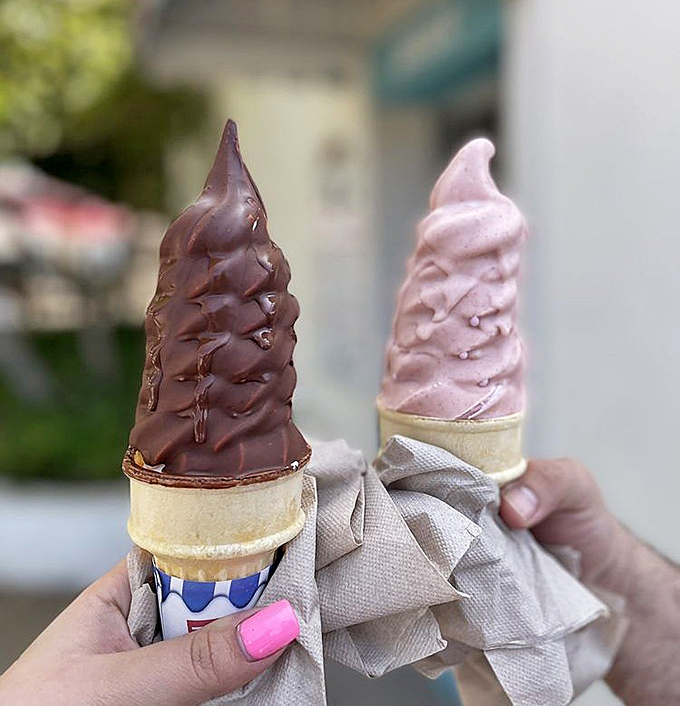 Chocolate and strawberry soft serve cones - the perfect sweet finale to a savory burrito experience.