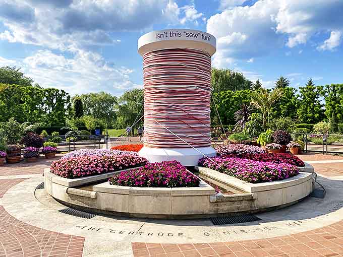 "Isn't this 'sew' fun?" This whimsical giant spool installation proves gardens can have a sense of humor while celebrating textile arts.