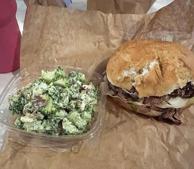 When soup meets sandwich, magic happens, especially with that broccoli salad adding a fresh crunch to balance the richness.