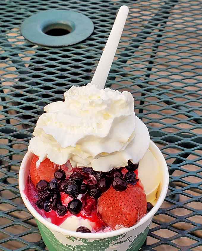 Strawberries and chocolate chips team up in this sundae like a buddy cop movie where everyone wins, especially your taste buds.