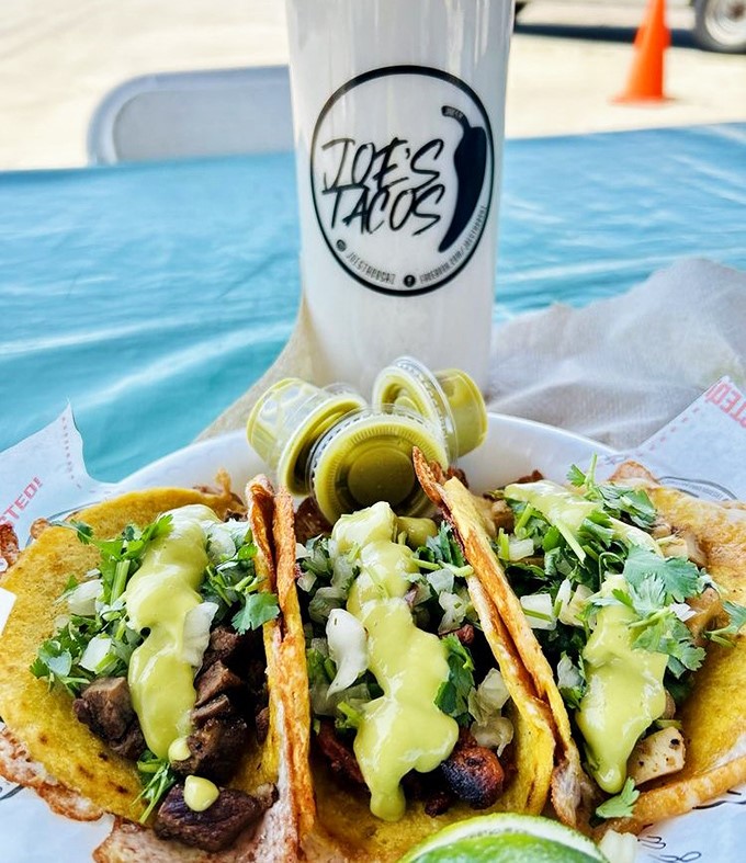 Tacos and Horchata: The perfect marriage of solid and liquid satisfaction &ndash; these tacos dressed in vibrant green sauce demand to be washed down with creamy horchata.