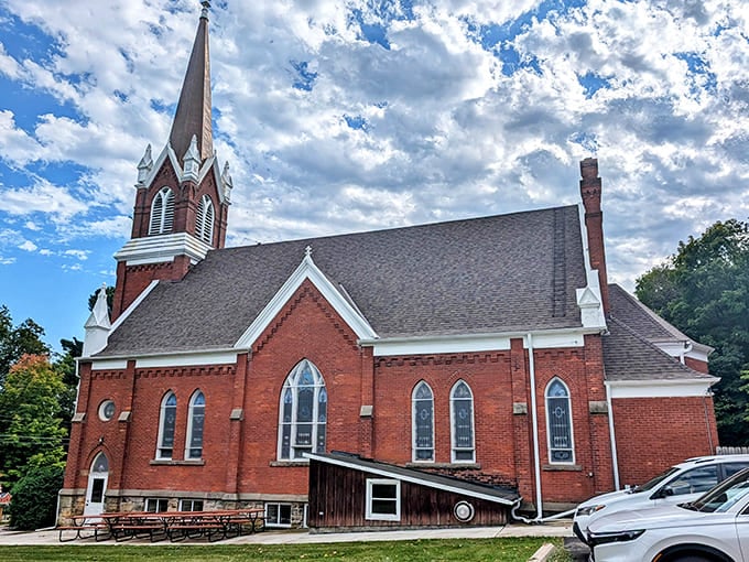 First Evangelical Lutheran Church's striking steeple has watched over the town for generations, a landmark visible from throughout the area.