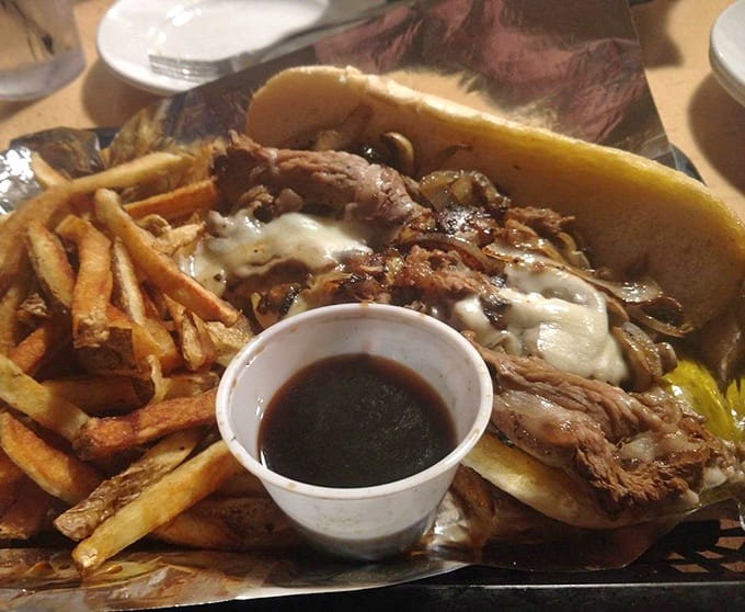 The prime rib sandwich piles shaved beef, melted Swiss, and saut&eacute;ed vegetables into one magnificent handheld masterpiece.