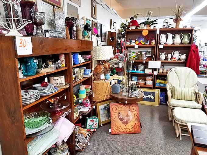 From colorful glassware to handcrafted baskets, this eclectic display showcases the beauty of everyday objects from simpler times.