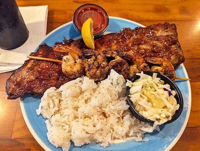 Land meets sea in this glorious surf and turf combination. Tender ribs and perfectly seasoned shrimp skewers create a plate that satisfies every craving at once.