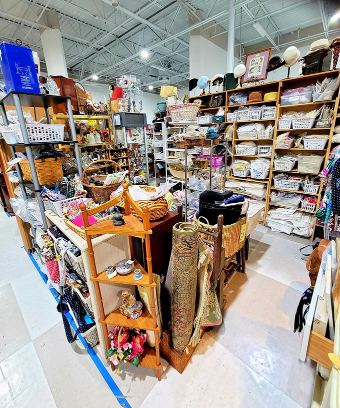 A textile lover's paradise where baskets overflow with possibilities and shelves showcase yesterday's finest fabrics.