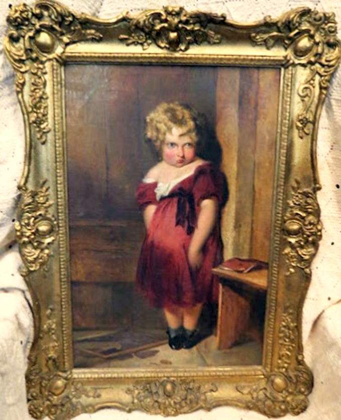 An ornate gilt frame cradles a portrait that captures the innocence of a bygone era in stunning detail.