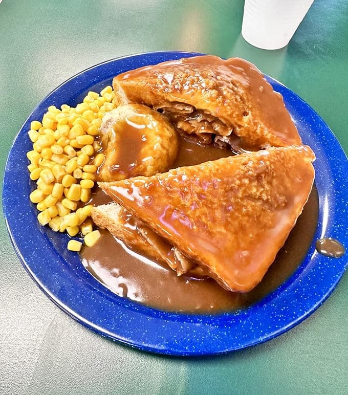 The Blue Plate Special delivers open-faced roast beef with real mashed potatoes and gravy, the kind of meal that makes you loosen your belt.