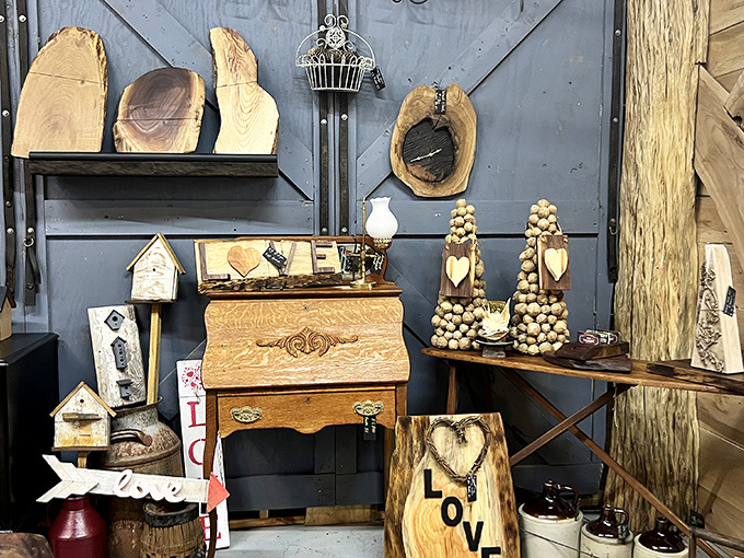 Nature meets craftsmanship in this wood artisan's corner, where live-edge creations and handcrafted wooden treasures celebrate the beauty of natural materials.