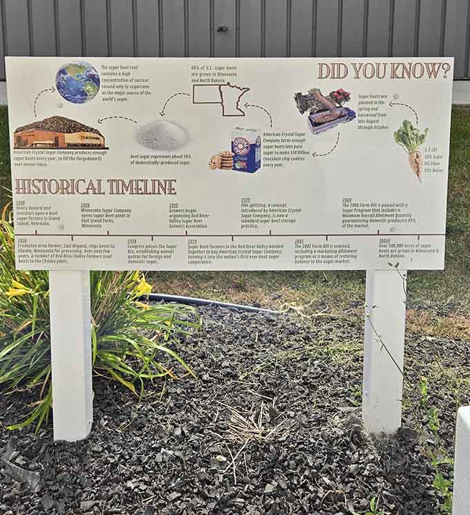 The historical timeline reveals fascinating facts about sugar beet farming in the Red River Valley, transforming what could be a simple roadside oddity into an educational experience worth your time.