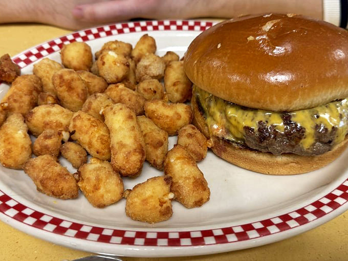 That burger and those golden cheese curds represent the lunch menu's commitment to making you very, very happy, one crispy bite at a time.