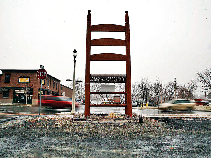 Viewed from behind, the chair's solid construction becomes apparent. This isn't just a novelty &ndash; it's built Vermont-tough, ready to withstand decades of weather and countless tourist selfies.